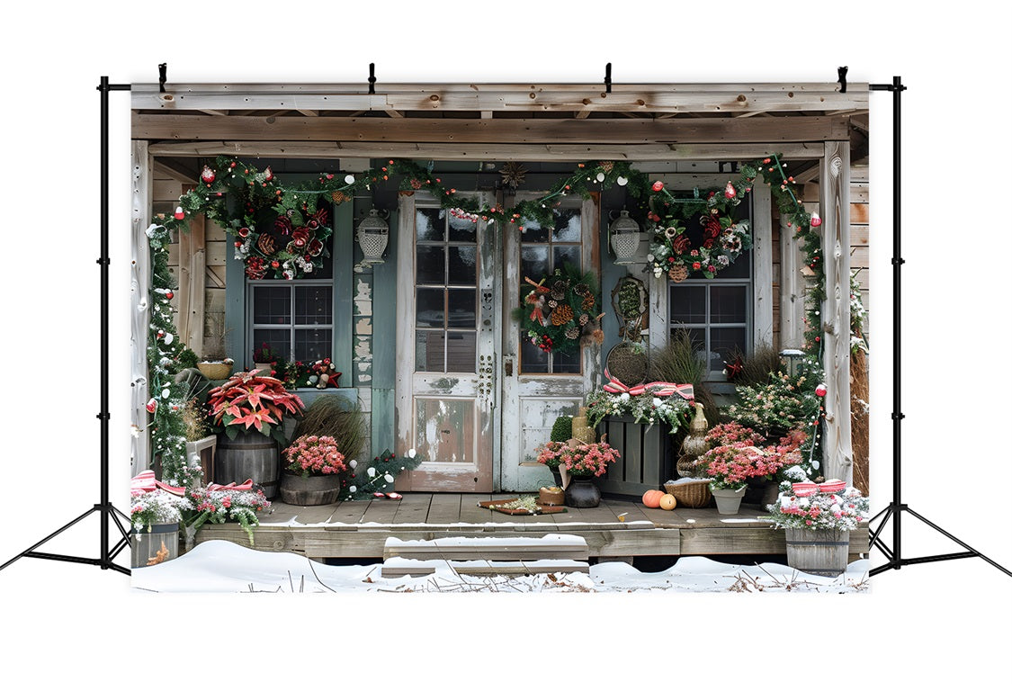 Christmas Rustic Porch with Poinsettias Backdrop RR7-625 – Dbackdrop