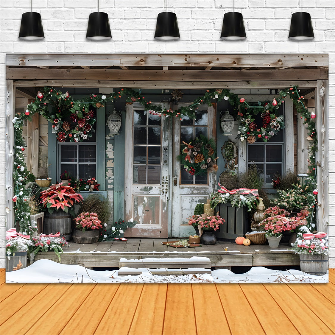 Christmas Rustic Porch with Poinsettias Backdrop RR7-625 – Dbackdrop