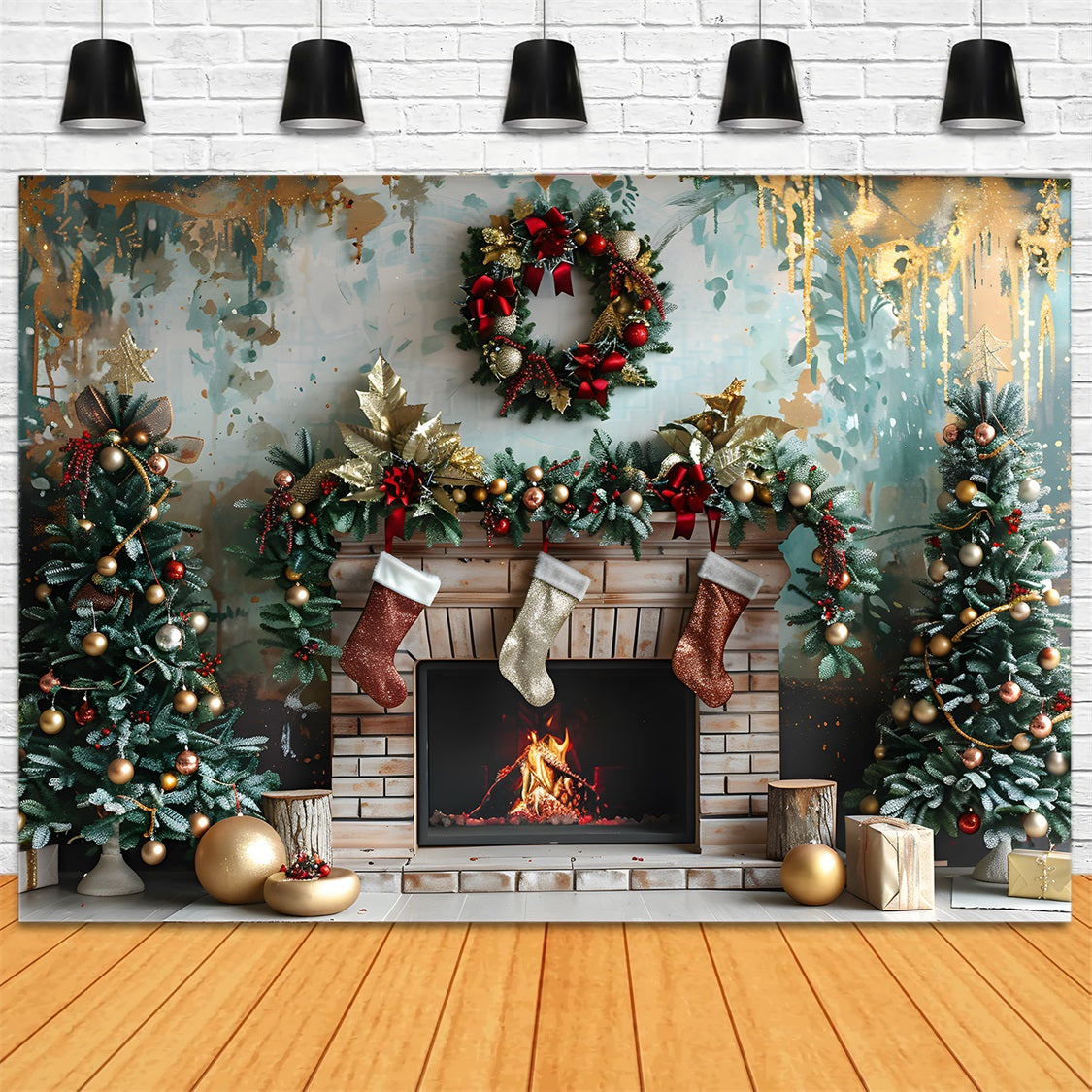 Christmas Fireplace Red Gold Decorations Backdrop RR7-627 – Dbackdrop