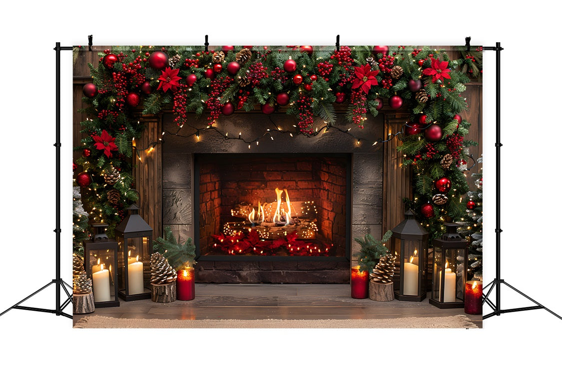 Christmas Fireplace Red Berries Lanterns Backdrop RR7-632 – Dbackdrop