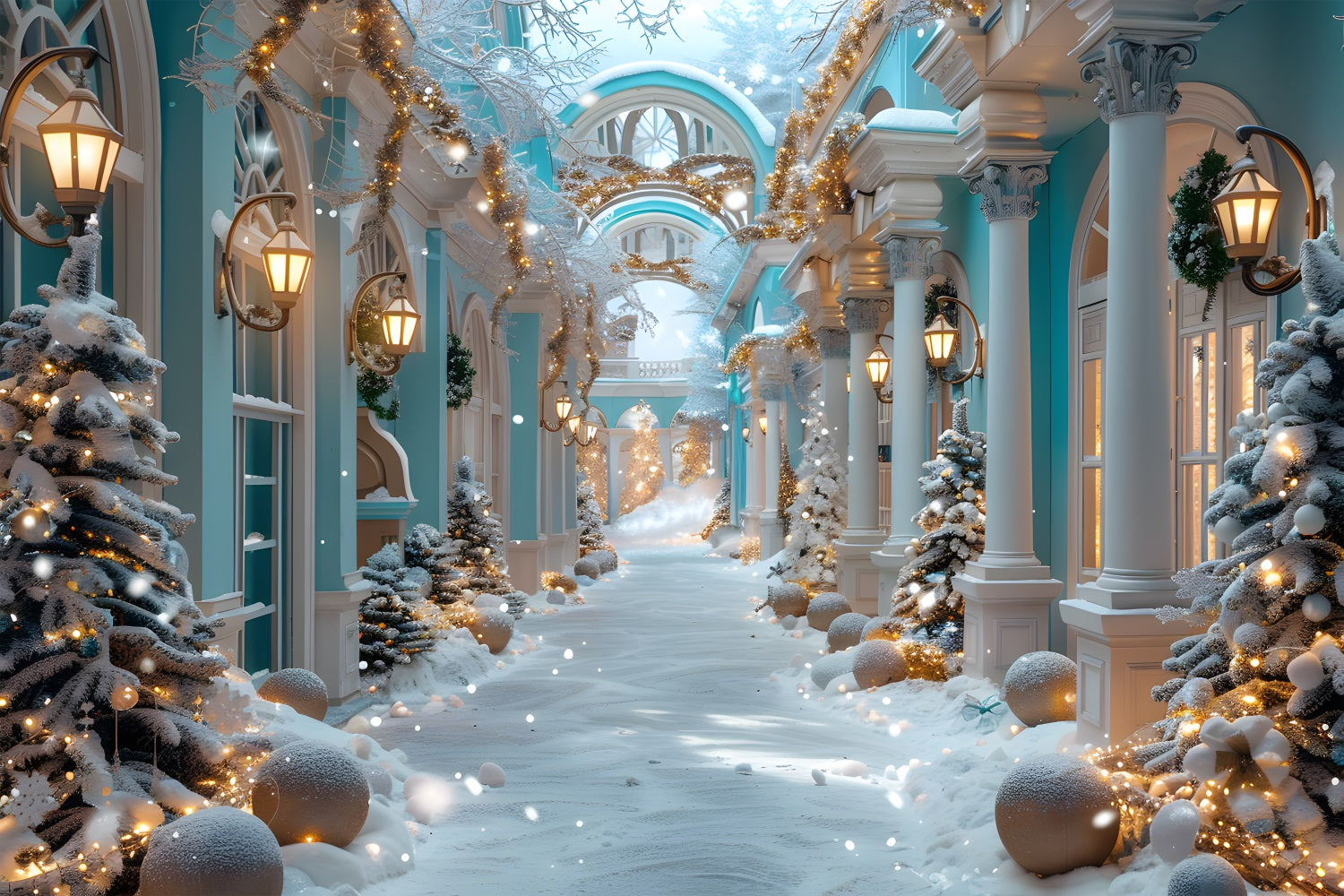 Christmas Elegant Blue Courtyard Backdrop RR7-647 – Dbackdrop