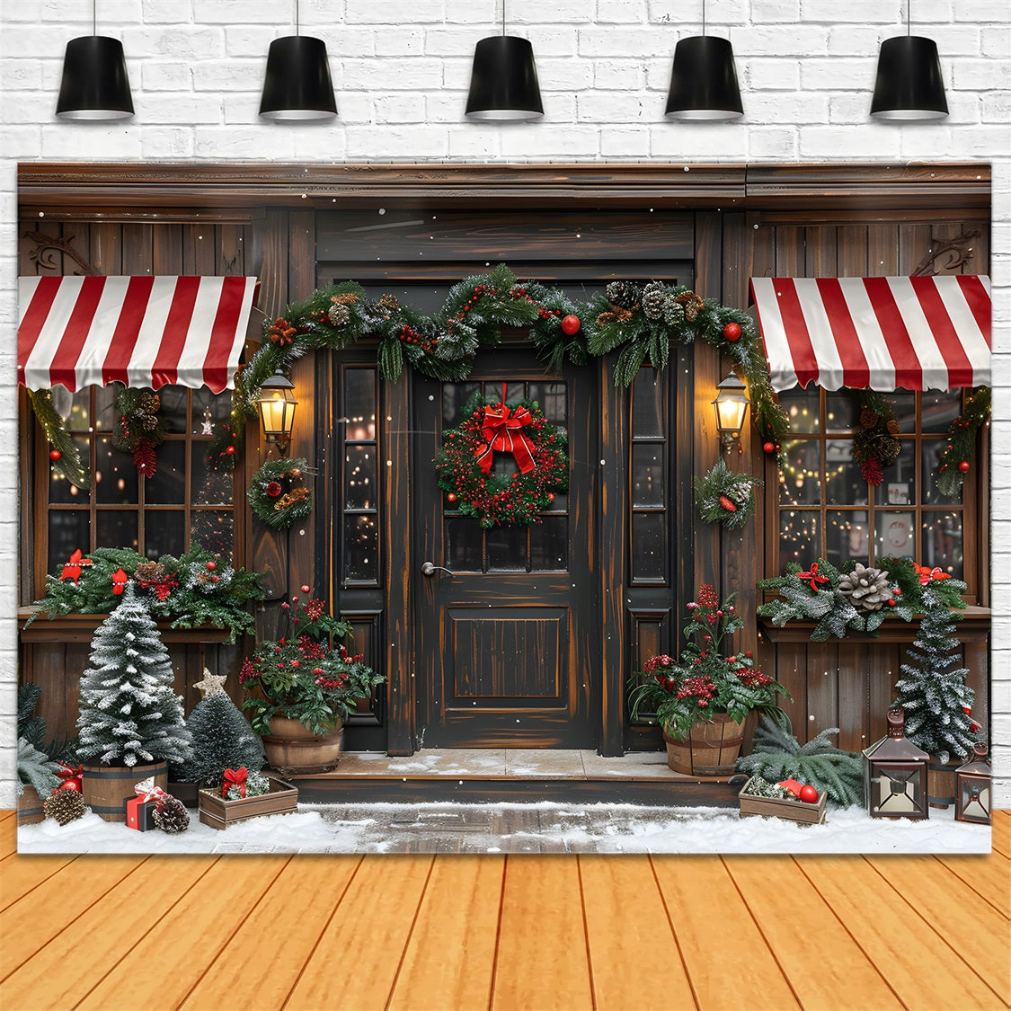 Christmas Rustic Storefront Wreath Backdrop RR7-666 – Dbackdrop
