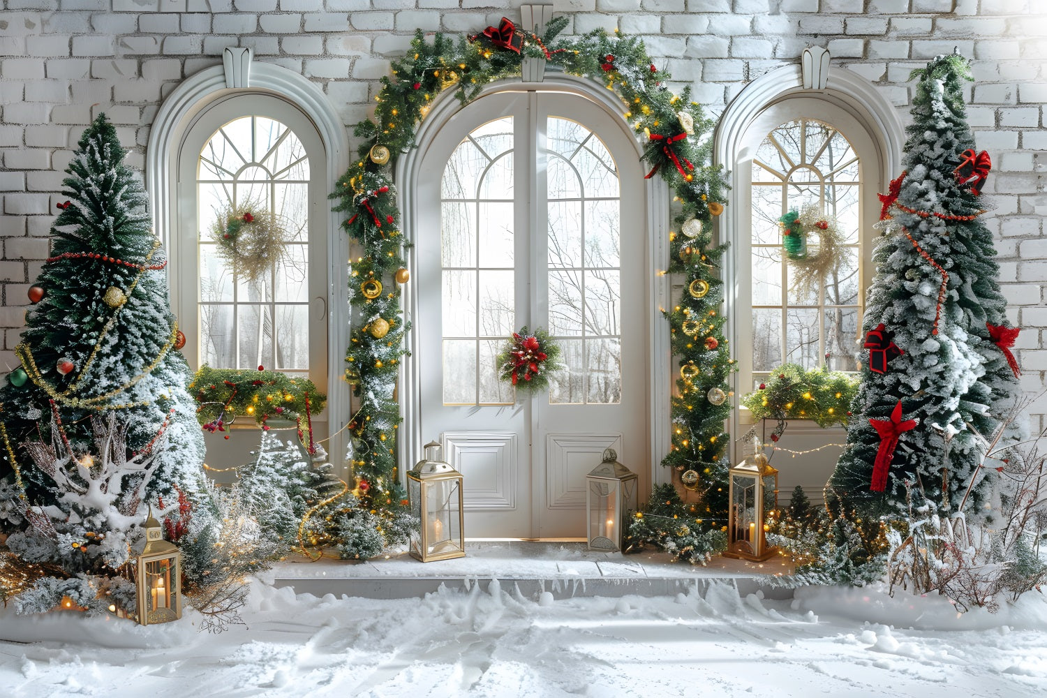 Christmas Arched Doorway Snowy Decor Backdrop RR7-694 – Dbackdrop