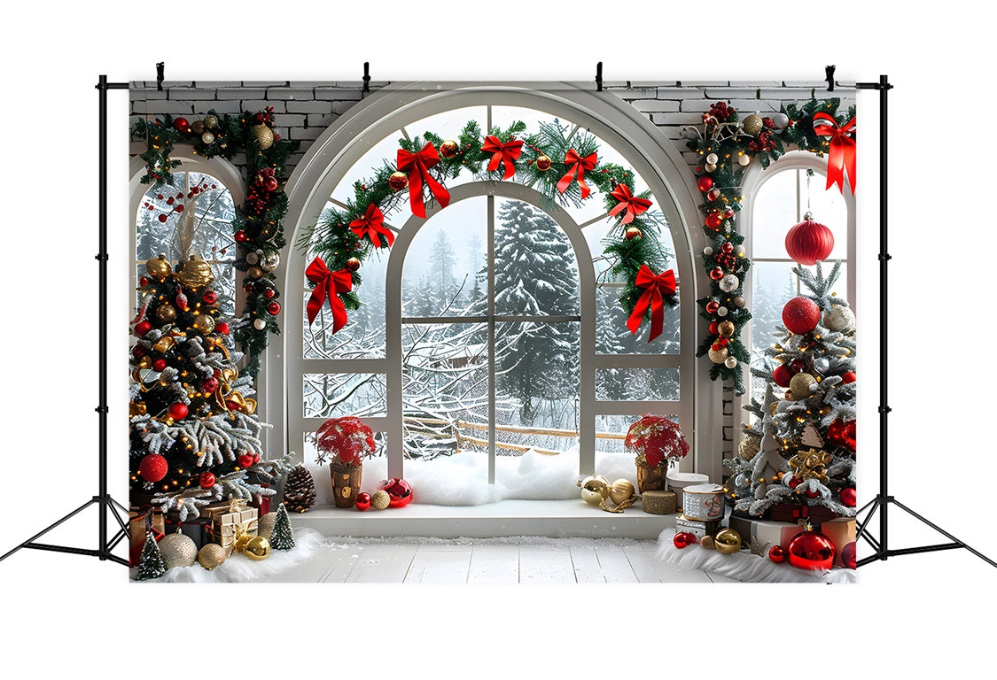 Christmas Arched Window Snowy Landscape Backdrop RR7-696 – Dbackdrop