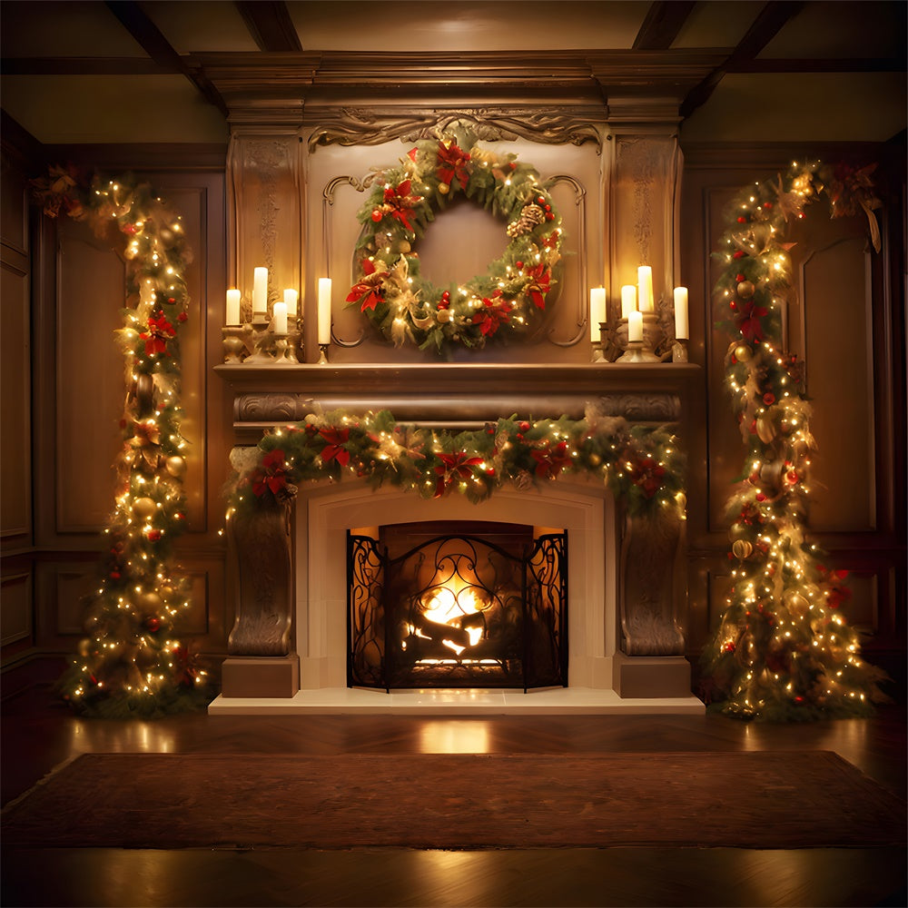 Christmas Glowing Wreath Fireplace Candles Backdrop RR7-712 – Dbackdrop