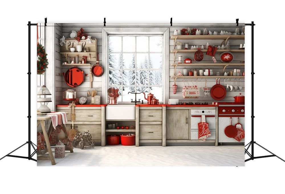Snowy Forest Cabin Christmas Kitchen Backdrop RR7-730 – Dbackdrop