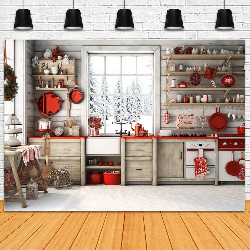 Snowy Forest Cabin Christmas Kitchen Backdrop RR7-730 – Dbackdrop