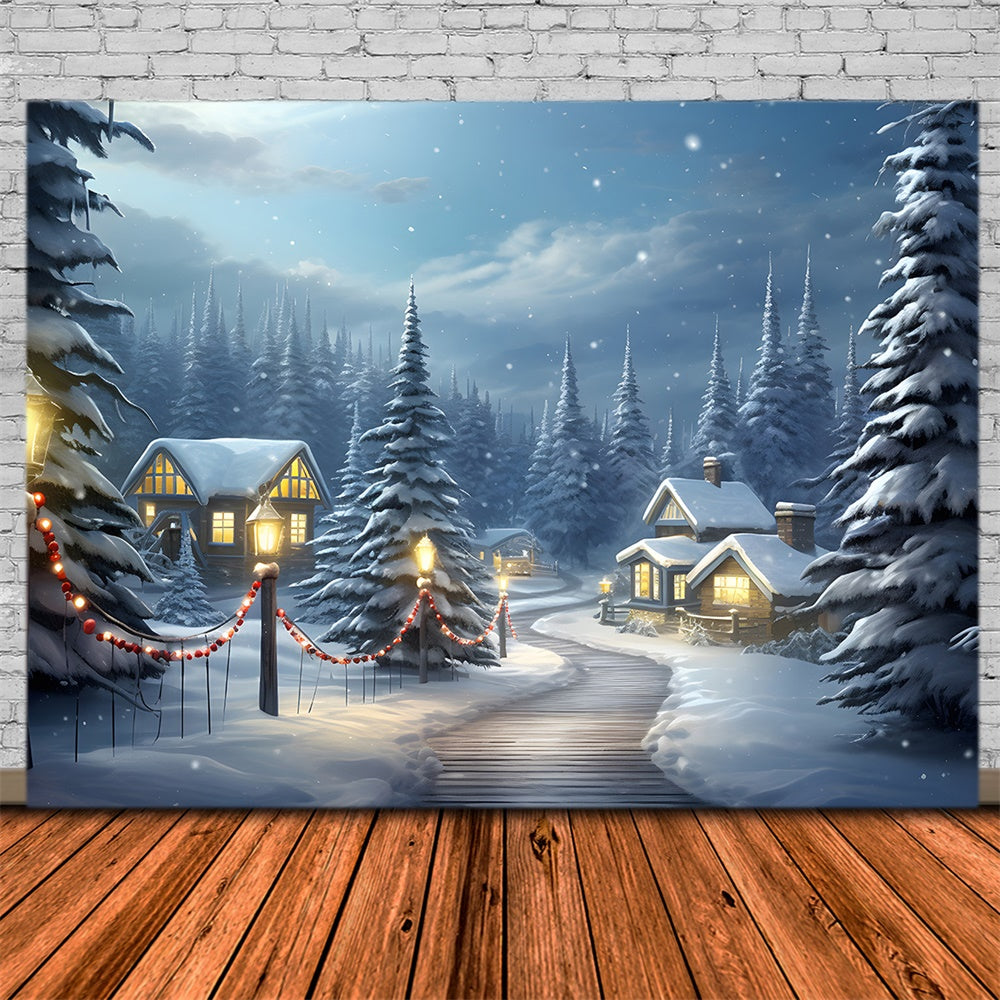 Snowy Forest Houses Christmas Tree Backdrop RR7-755 – Dbackdrop