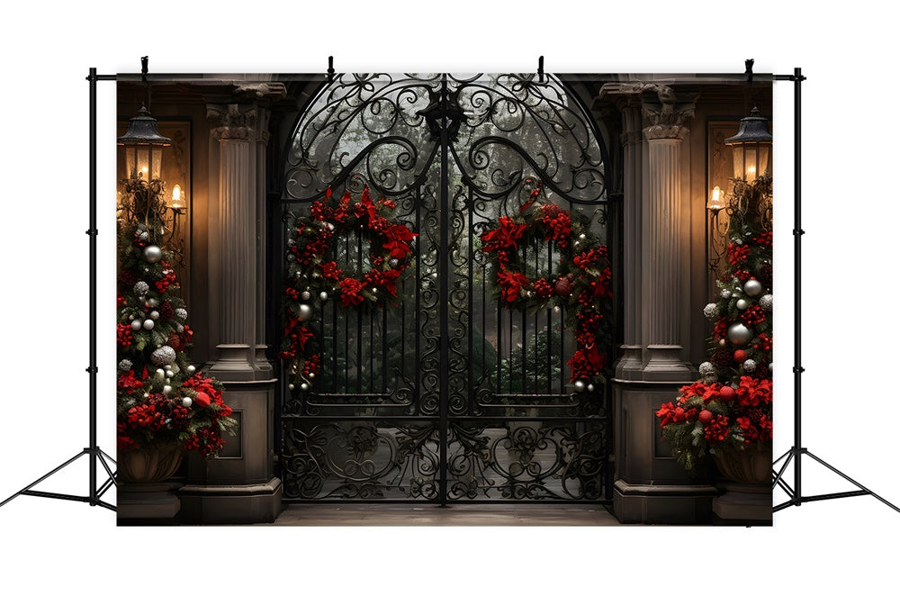 Christmas House Wreath Iron Gate Backdrop RR7-763 – Dbackdrop
