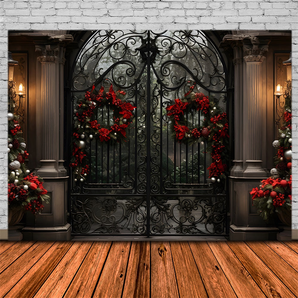 Christmas House Wreath Iron Gate Backdrop RR7-763 – Dbackdrop