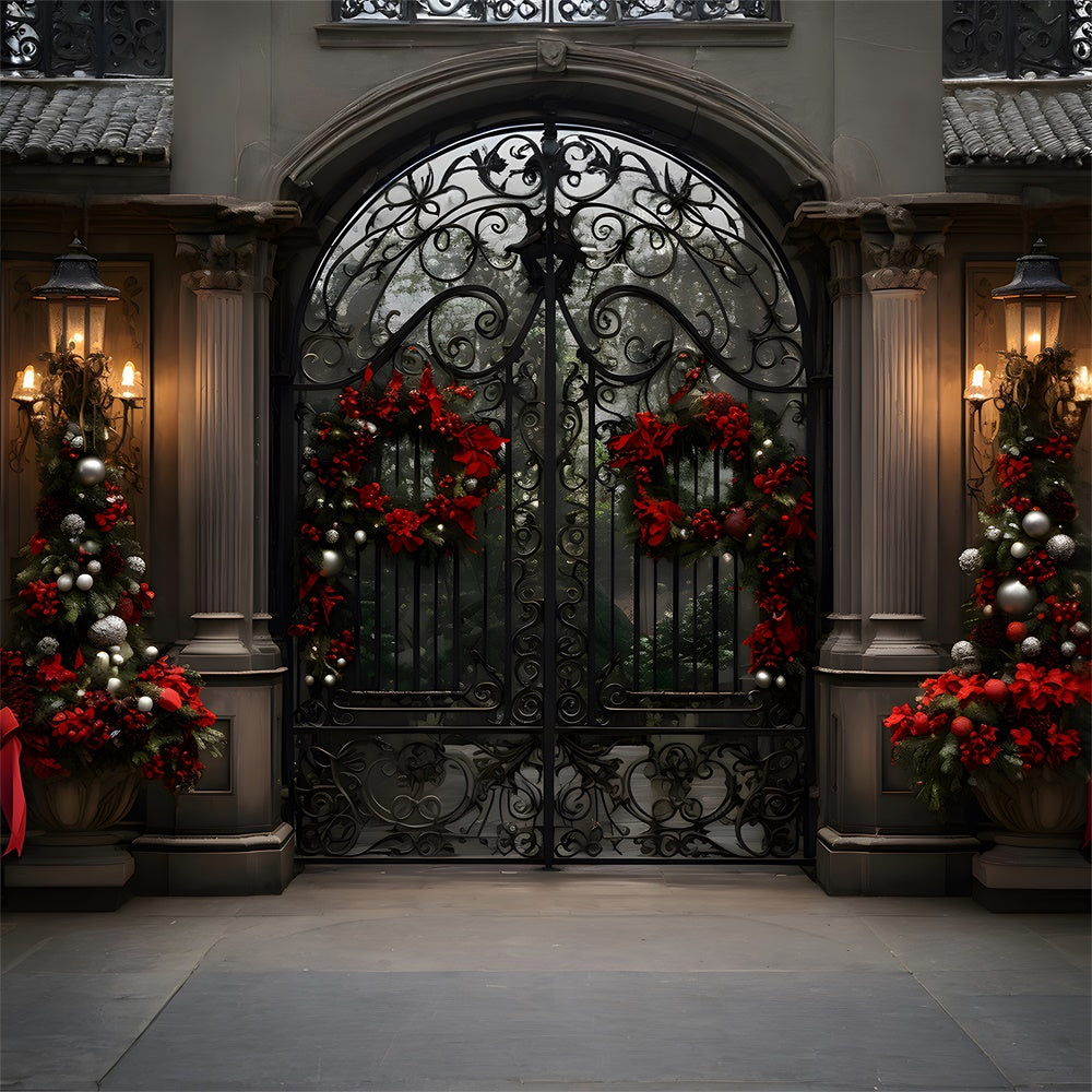 Christmas House Wreath Iron Gate Backdrop RR7-763 – Dbackdrop
