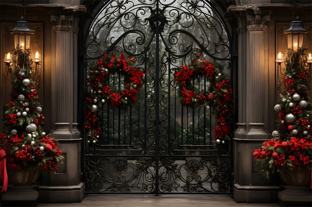 Christmas House Wreath Iron Gate Backdrop RR7-763 – Dbackdrop