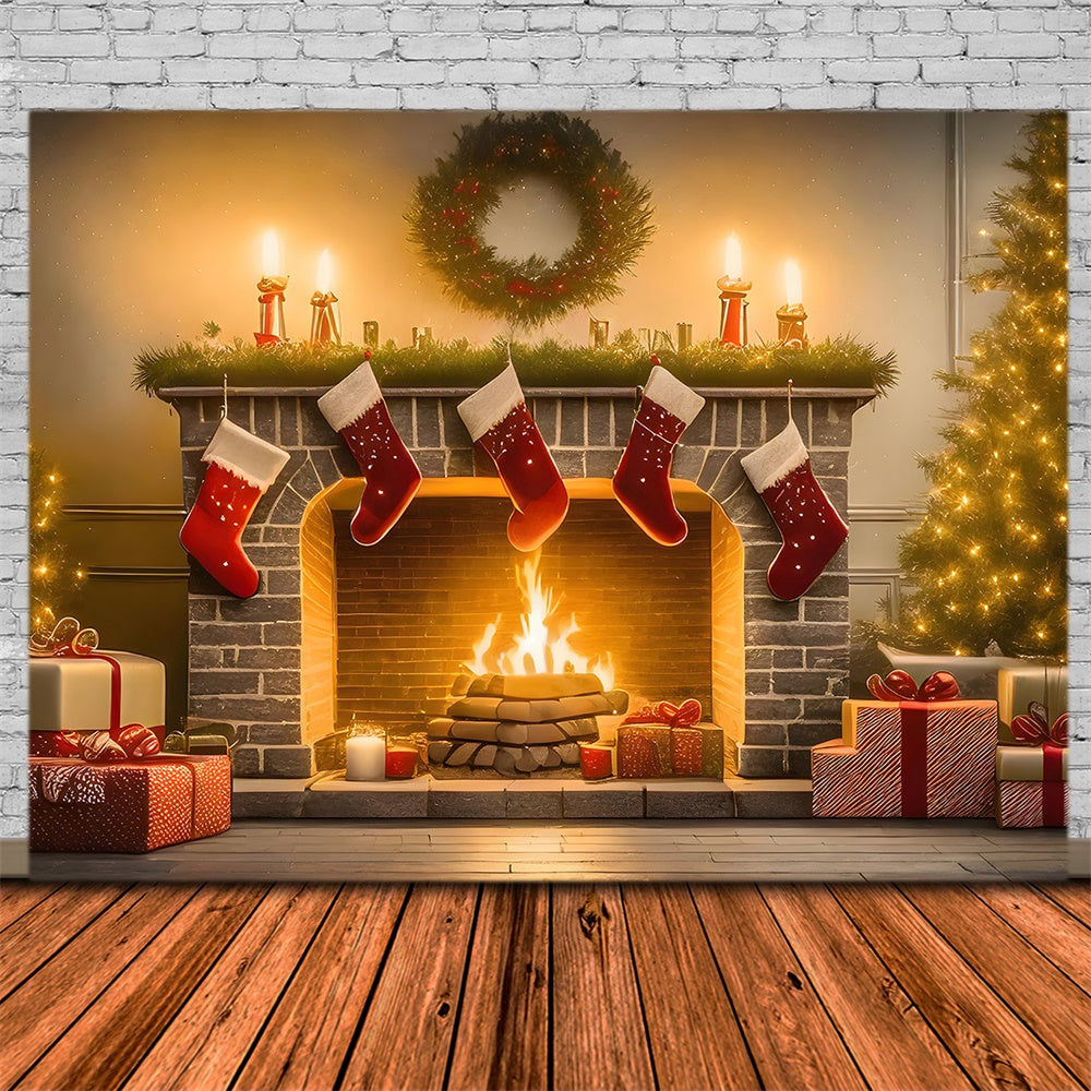 Christmas Tree Stocking Fireplace Backdrop RR7-770 – Dbackdrop