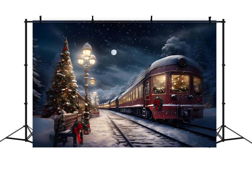 Christmas Evening Trees Snowy Train Backdrop RR7-776 – Dbackdrop