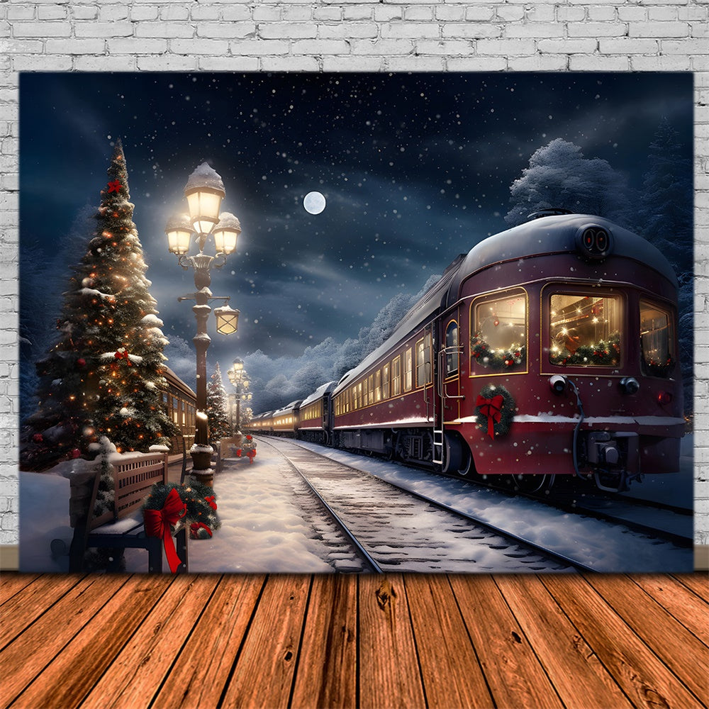 Christmas Evening Trees Snowy Train Backdrop RR7-776 – Dbackdrop