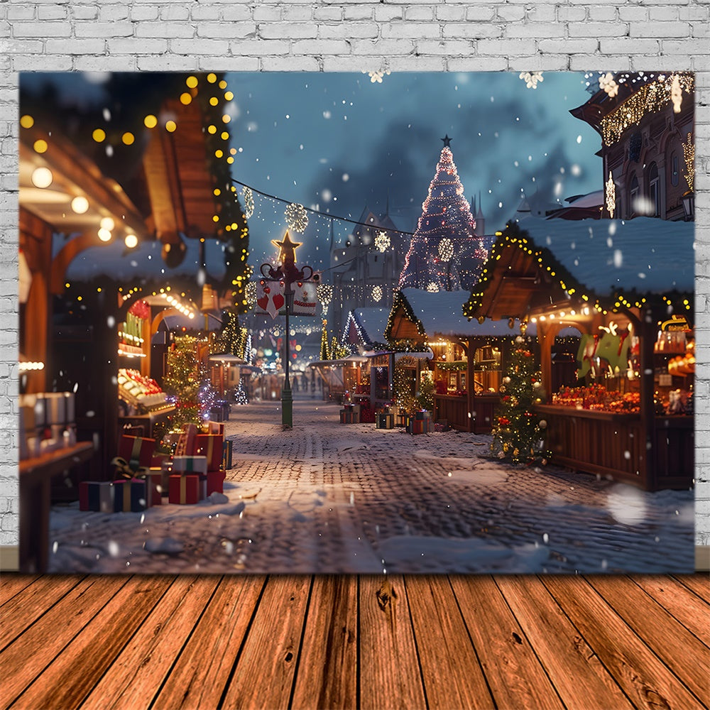 Christmas Night Town Glowing Trees Backdrop RR7-783 – Dbackdrop