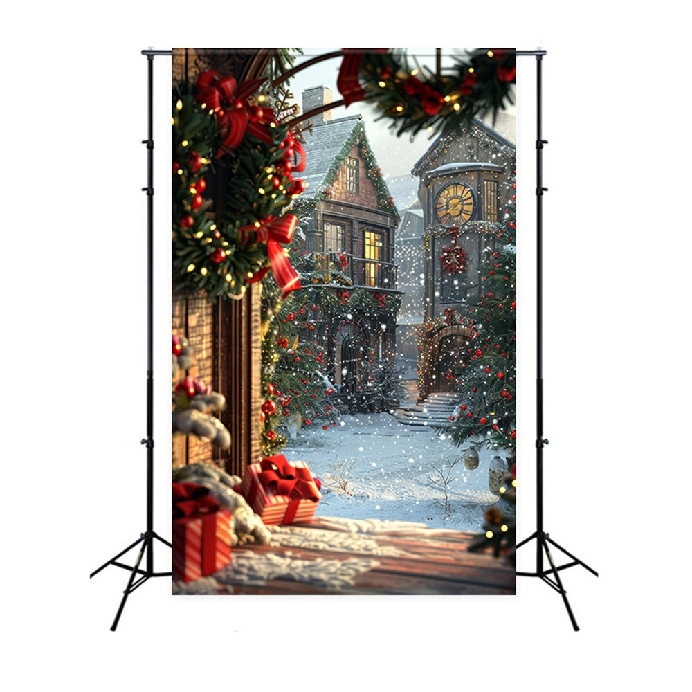 Christmas Tree Wreath House Snow Backdrop RR7-784 – Dbackdrop