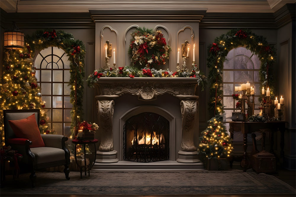 Christmas Living Room Wreath Fireplace Backdrop RR7-861