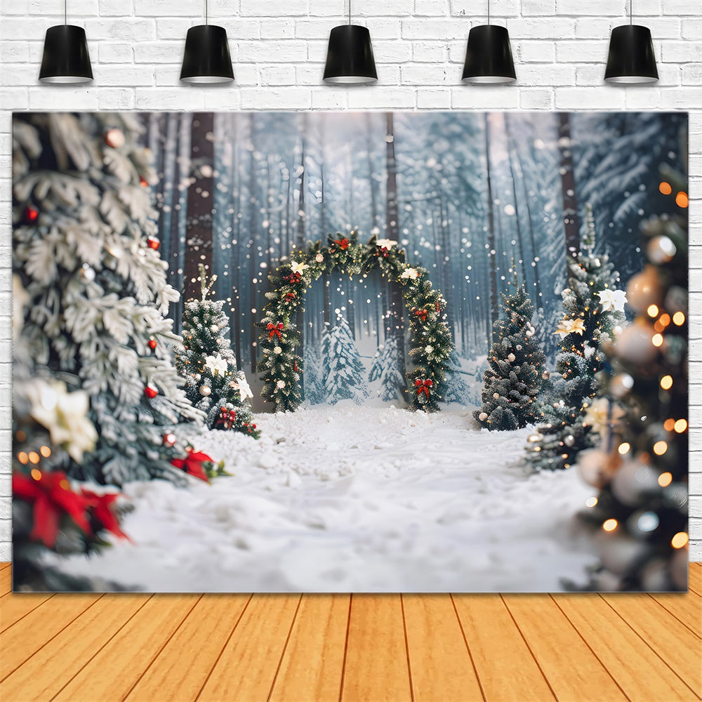 Snowy Christmas Trees Wreath Arch Backdrop RR7-865 – Dbackdrop