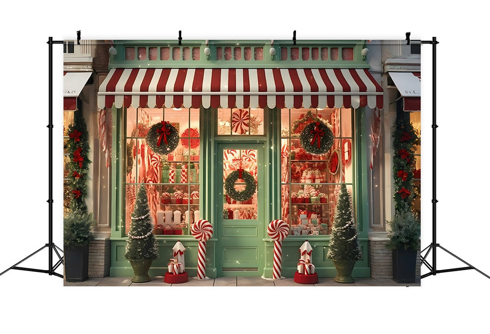 Christmas Shop Wreath Candy Cane Backdrop RR7-872 – Dbackdrop