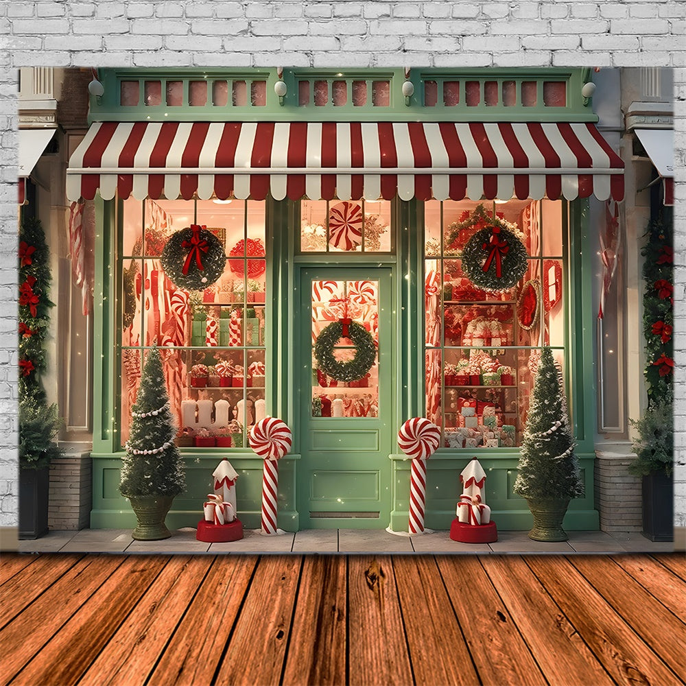 Christmas Shop Wreath Candy Cane Backdrop RR7-872 – Dbackdrop