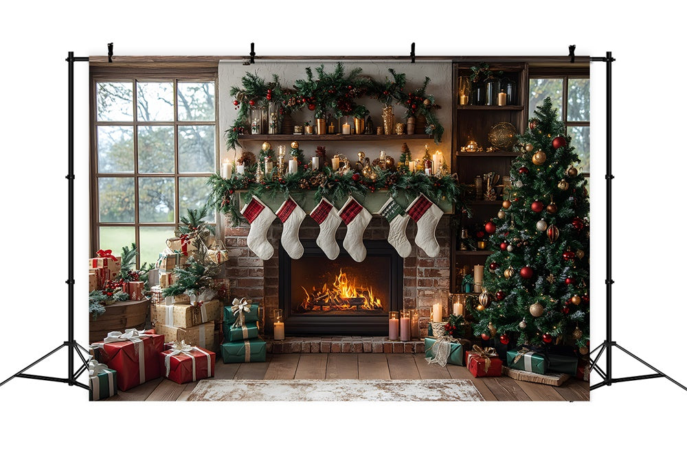 Christmas Tree Stockings Fireplace Backdrop RR8-111 – Dbackdrop