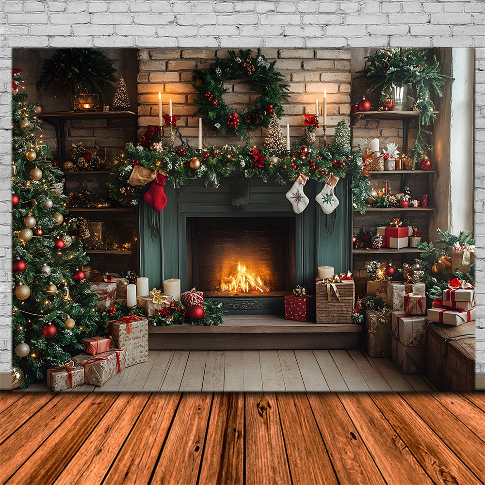 Christmas Tree Green Fireplace Wreath Backdrop RR8-113 – Dbackdrop