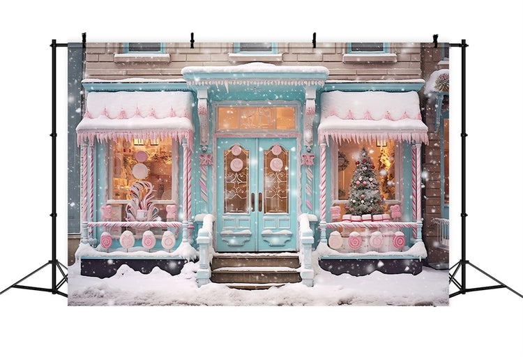 Christmas Snowy Candyland Shop Front Backdrop RR8-149 – Dbackdrop
