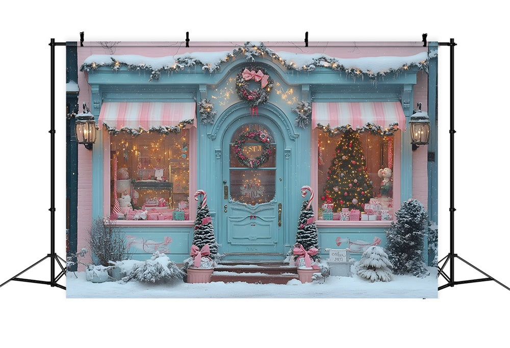 Christmas Candyland Storefront Pink Bows Backdrop RR8-151 – Dbackdrop