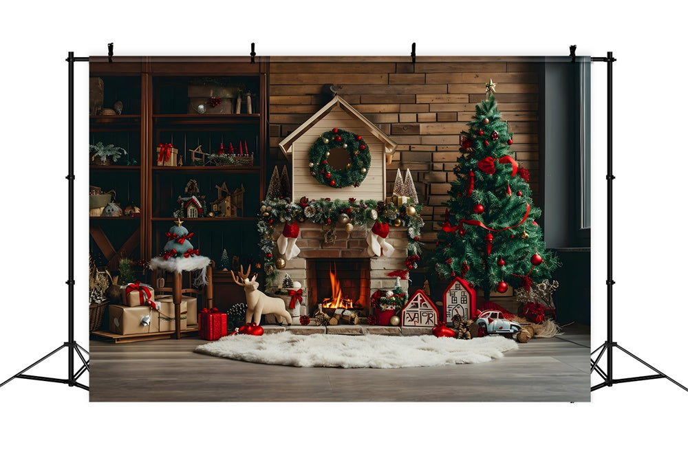 Christmas Rustic Cabin Fireplace Tree Backdrop RR8-167 – Dbackdrop