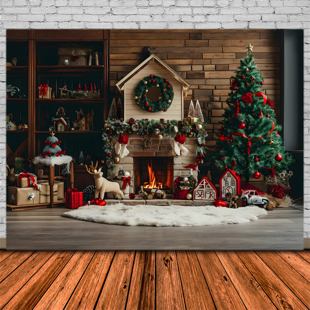 Christmas Rustic Cabin Fireplace Tree Backdrop RR8-167 – Dbackdrop