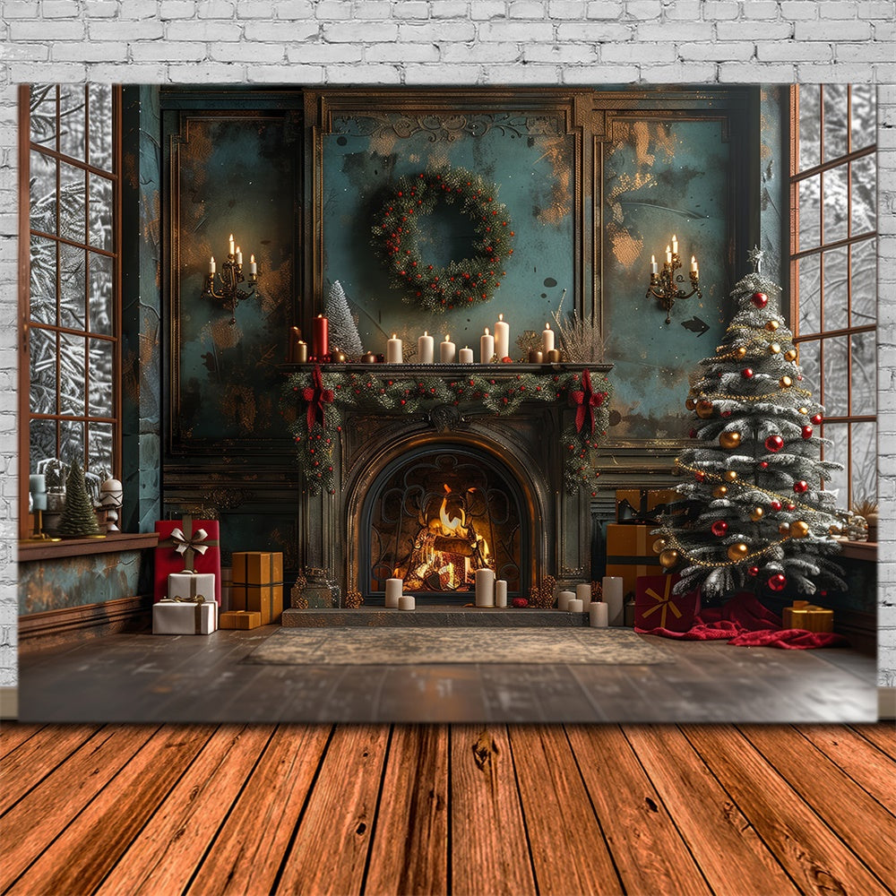 Christmas Vintage Cozy Fireplace Tree Backdrop RR8-169 – Dbackdrop