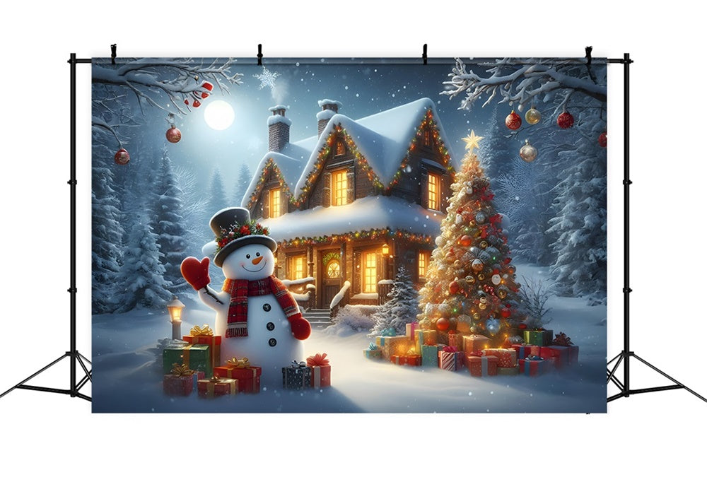 Christmas Snowman Cabin Night Backdrop RR8-211 – Dbackdrop
