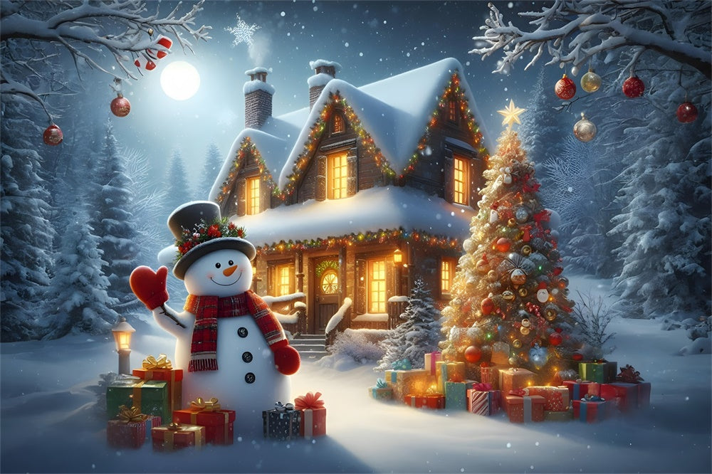 Christmas Snowman Cabin Night Backdrop RR8-211 – Dbackdrop