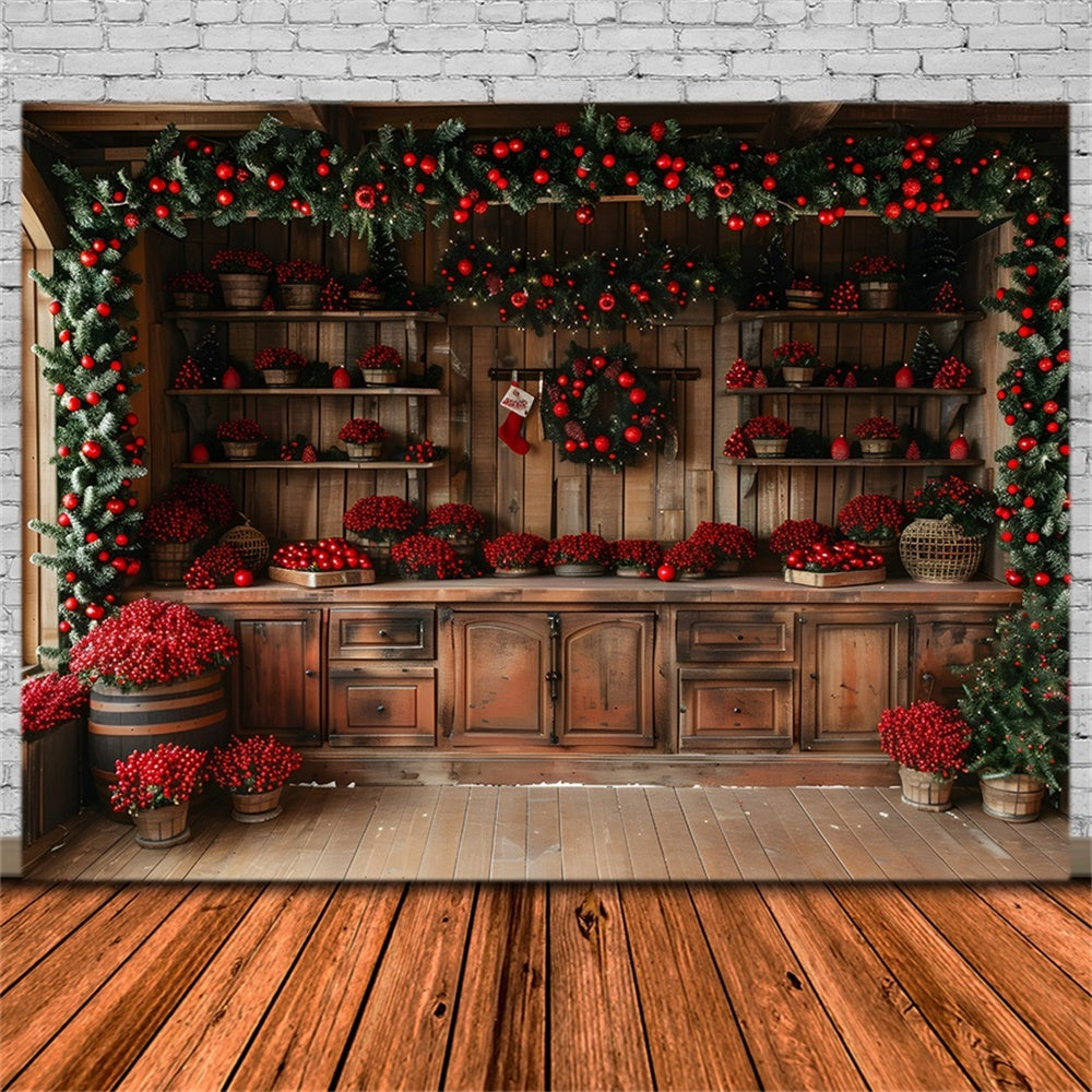 Christmas Rustic Cabin Red Berries Backdrop RR8-258 – Dbackdrop