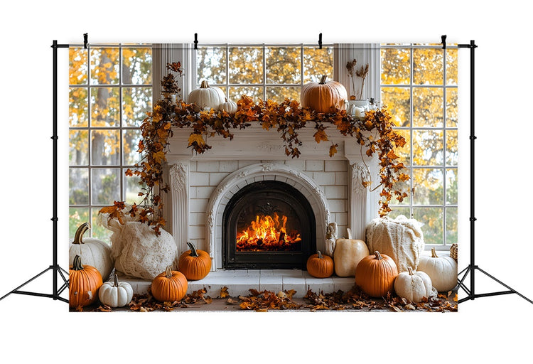 Autumn Pumpkins Burning Fireplace Backdrop RR8-319 – Dbackdrop