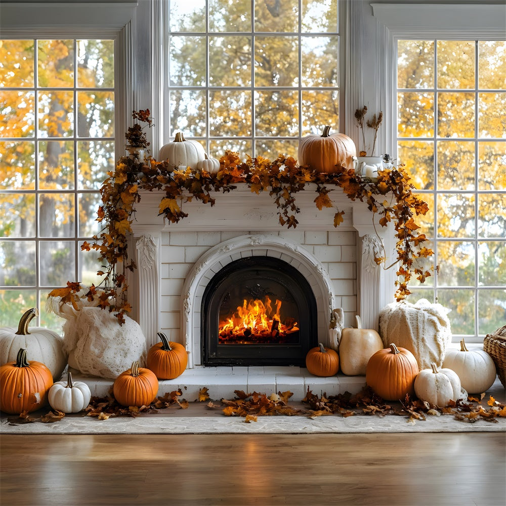 Autumn Pumpkins Burning Fireplace Backdrop RR8-319 – Dbackdrop