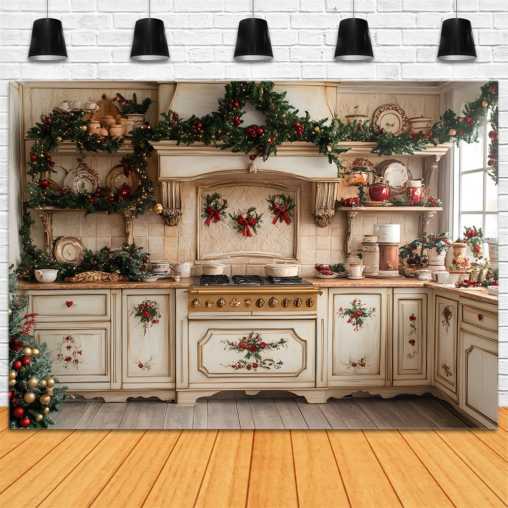 Christmas Wreath Kitchen Photography Backdrop RR8-343 – Dbackdrop