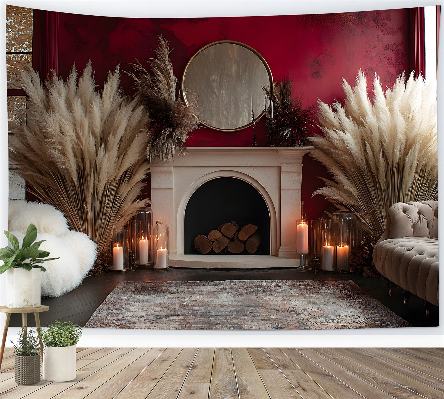 Luxe Boho Fireplace Pampas Backdrop RR8-454 – Dbackdrop