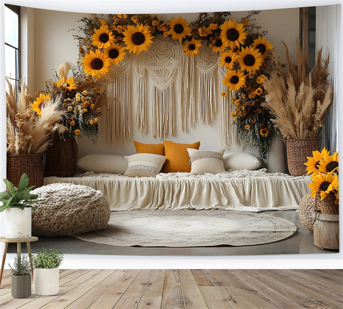 Sunflower Macrame Boho Lounge Backdrop RR8-456 – Dbackdrop