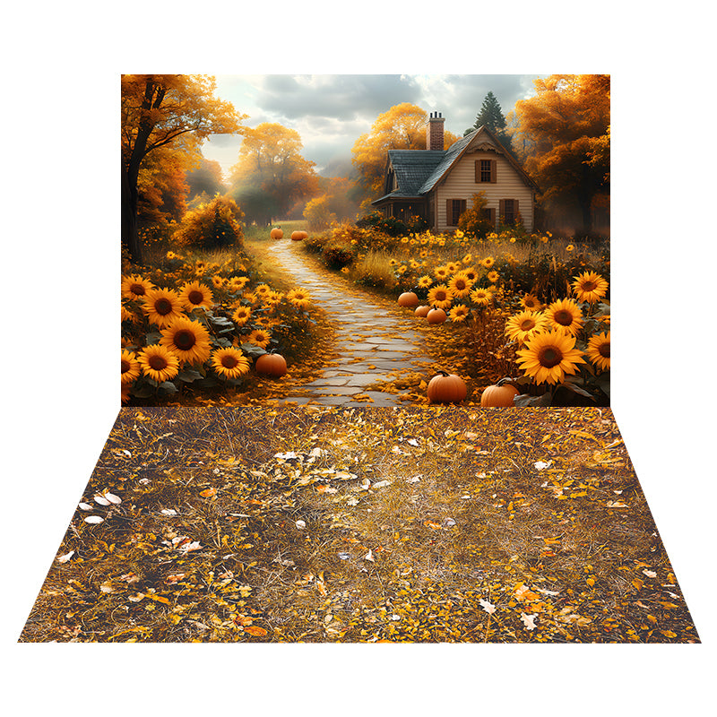 Fall Sunflower Trail Backdrop+Withered Grass Floor Backdrop RR8-526 ...