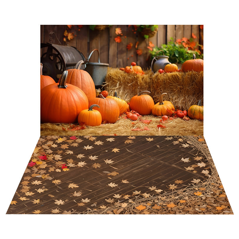 Fall Barn Haystack Backdrop+Maple Leaves Floor Backdrop RR8-536 – Dbackdrop