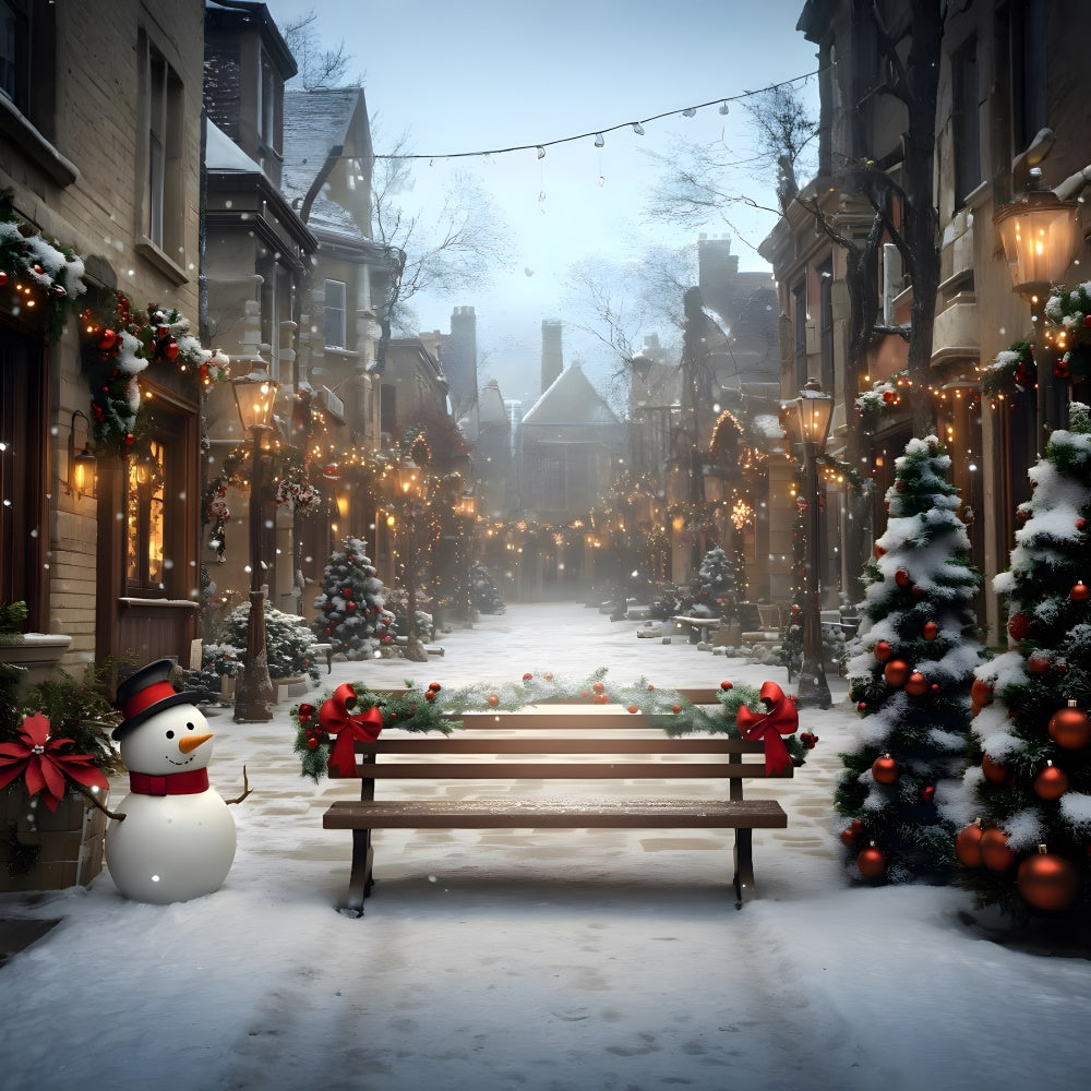 Christmas Snowy Street Decorated Trees Backdrop RR8-54 – Dbackdrop