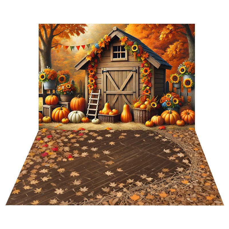 Fall Wooden House Backdrop+Maple Leaves Floor Backdrop RR8-540 – Dbackdrop