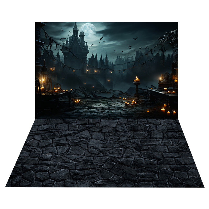 Halloween Spooky Castle Backdrop+Black Stone Floor BackdropRR8-546 ...