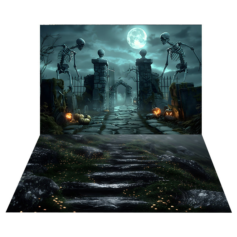 Halloween Moon Graveyard Backdrop+Stone Stairs Floor Backdrop RR8-554 ...