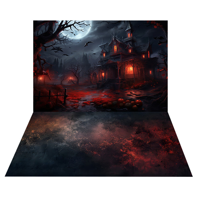 Halloween Red Light House Backdrop+Mottled Cement Floor Backdrop RR8-5 ...