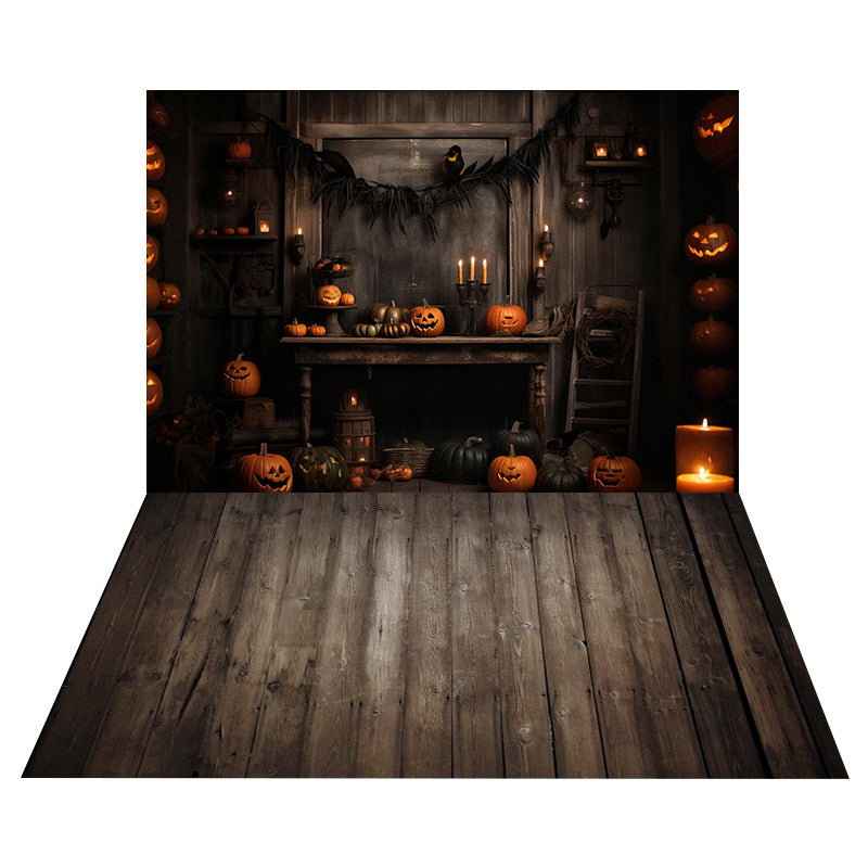 Halloween Pumpkin Candle Wall Backdrop+Brown Wood Floor Backdrop RR8-5 ...