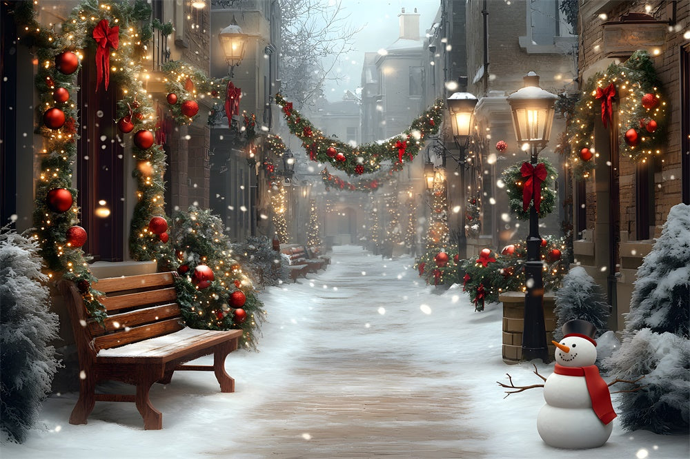 Christmas Street Wreath Snowman Backdrop RR8-55 – Dbackdrop