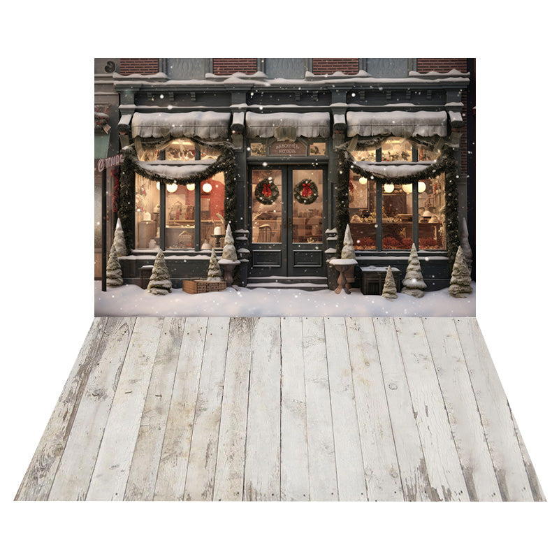 Christmas Snowy Store Backdrop+Retro Wood Floor Backdrop RR8-567 ...